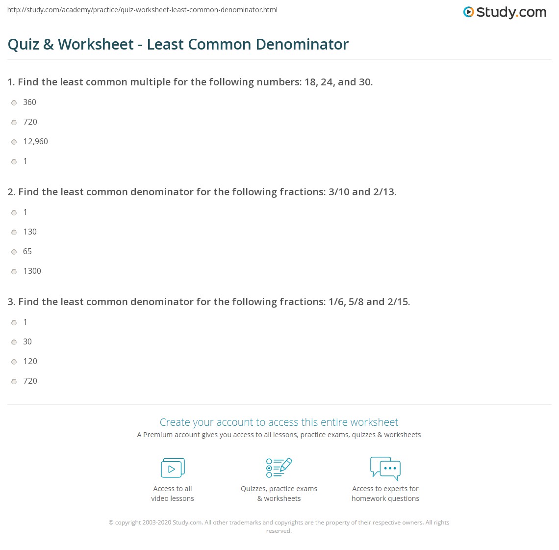 Quiz Worksheet Least Common Denominator Study quiz-worksheet-least-common-denominator-study